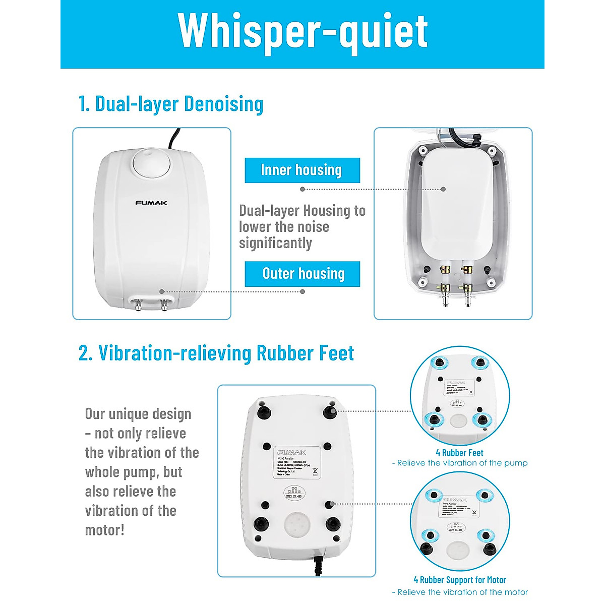 FUMAK Pond Aeration Kit – Koi Pond Aerator Pond Air Pump Kit for Pond up to 2000 Gallons Pond Deicer All-in-One Pond Aeration System with Double Outlets Check Valves Airline Tubing Air Stones