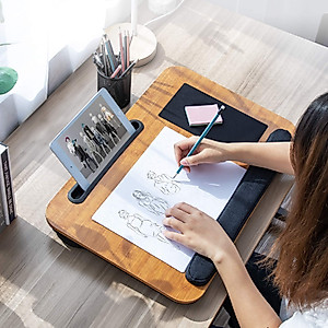 AMERIERGO Lap Desk - Fits Up to 17 Inch Laptop Lap Desk with Wrist Rest & Built-in Mouse Pad, Portable Laptop Stand for Sofa & Bed, Multifunctional Slot for Tablet, Pen & Phone (Natural Wood)