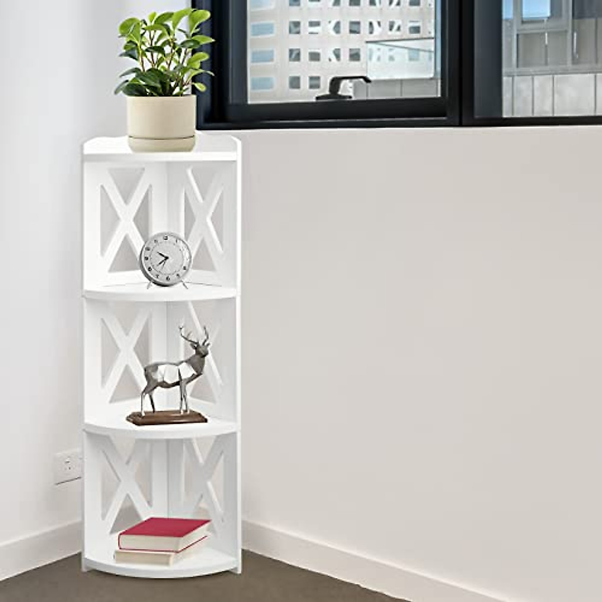 NHZ Corner Shelf Stand, Wood Corner Bookshelf, Corner Bookcase and Plant Stand (White, 4 Tier)