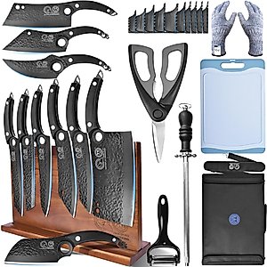 XYJ Professional Black Kitchen Knife Set with High-Carbon Steel Forged Blades, Chef's Knife, Cleaver, Carving Knife, Nakiri, Includes Carrying Bag & Poultry Scissors,Gift Bag Christmas Gifts
