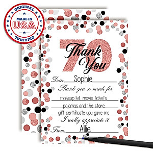 Amanda Creation Confetti Rose Gold Polka Dot 70th Birthday Themed Thank You Notes, Ten 4" x 5.5" Fill In the Blank Cards with 10 White Envelopes
