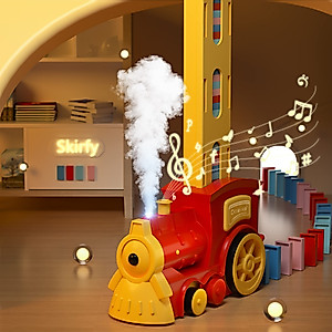 Skirfy Birthday Gift Kids Toys Dominoes Train Set- 160PCS Domino Blocks Set Automatically Run with Real Steam Function, with Lights and Sound,Creative Toys for Kids Aged 4-8 with Storage Bag