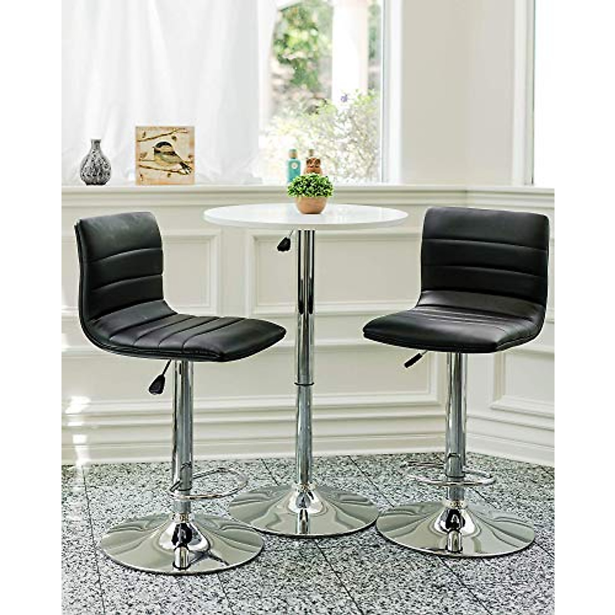 Vogue Furniture Direct PU Leather Bar Stools, Modern Square Adjustable Swivel Barstools with Back, Armless Airlift Counter Height Bar Chairs for Kitchen Dining Set of 2 (Black)