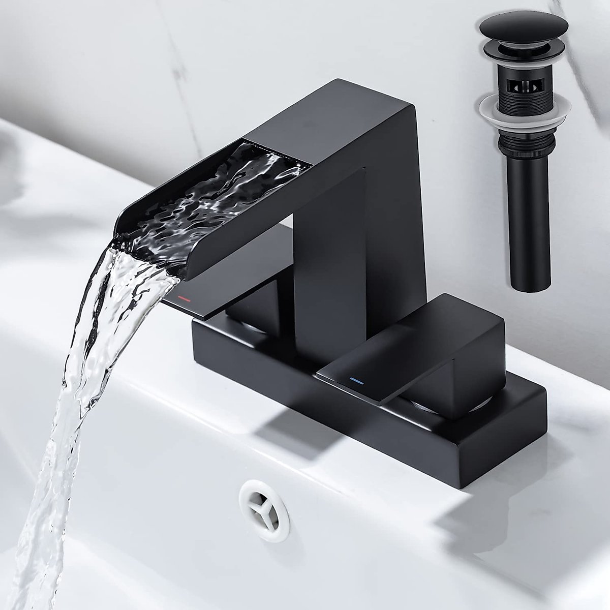 HAMOLER 4 Inch Centerset Waterfall Bathroom Faucet 2 Handle 3 Hole Basin Faucet with Pop Up Drain with Overflow, Vanity Faucet Matte Black