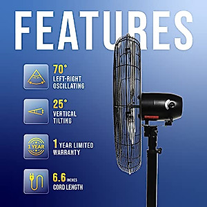 Tornado 24 Inch High Velocity Oscillating Metal Pedestal Fan Commercial, Industrial Use 3 Speed 7600 CFM 1/4 HP 6.6 FT Cord UL Safety Listed