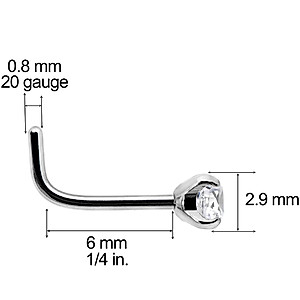 Body Candy 20G 6mm Womens Grade 23 Titanium 3mm Clear Accent L Shaped Nose Ring Nose Stud Body Jewelry 1/4"