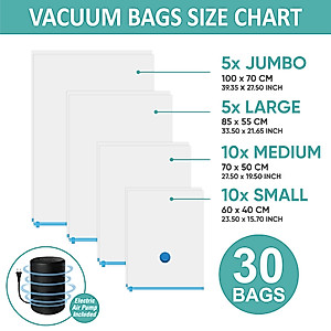 30 Vacuum Storage Bags with Electric Pump, Vacuum Sealed Storage Bags (5Jumbo/5Large/10Medium/10Small), Space Saver Vacuum Seal Bags for Clothing, Comforters, Pillows, Towel, Blanket Storage, Bedding