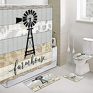 JAWO Farmhouse Shower Curtain Sets with Non-Slip Rugs, Toilet Lid Cover and Bath Mat, Vintage Windmill on Rustic Wooden Plank Country Wooden Plank Shower Curtain with 12 Hooks