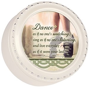 Cottage Garden Dance Sing Live Everyday Matte White Petite Round Jewelry Music Box Plays Irish Lullaby