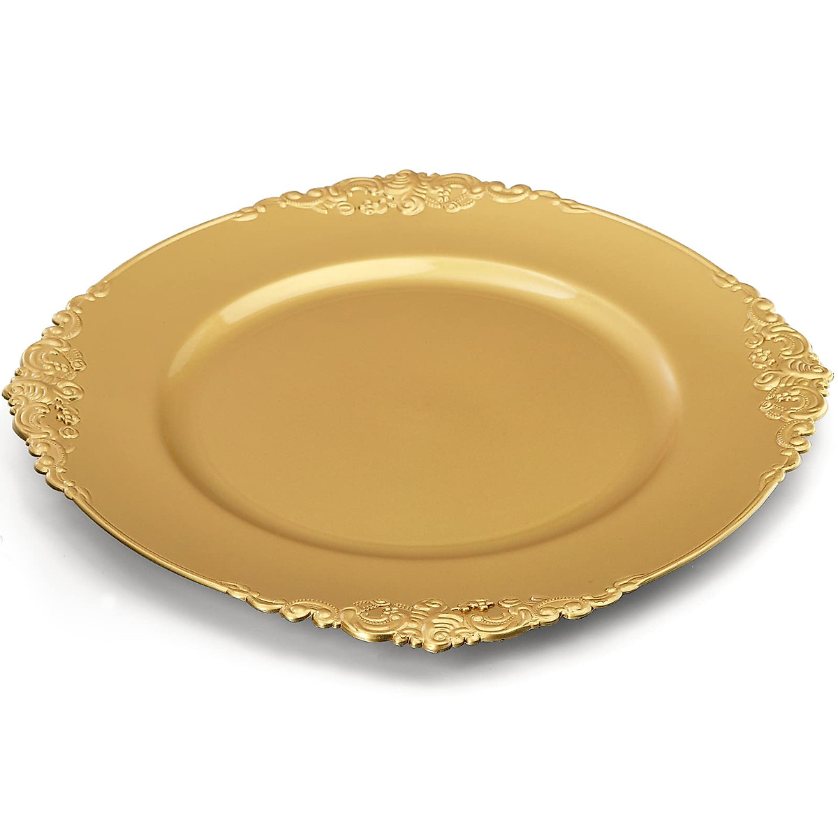 Okllen 12 Pack Gold Charger Plates, 13" Round Charger Plates with Embossed Rim, Decorative Dinner Charger Serving Plates for Catering, Wedding, Tabletop Decor