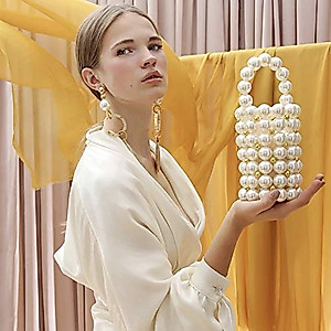 Abvokury YUSHINY Beaded Handbag for Women White Pearl Decoration Evening Bags with Detachable Chain Inner Bag Medium