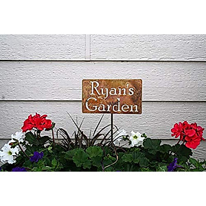 Custom Metal Garden Stake and Pet Memorial Signs Wall Art or Staked Options 20 to 33 Inches Tall Rusted or Powder Coated Finish (Rectangle Sign Plus Stake, 8x5 Inches)
