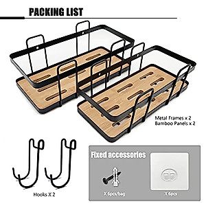 QYQRQF Shower Caddy, 2 Packs Bamboo Shower Organizer with Hooks Adhesive Shower Shelves Rustproof for Inside Shower & Kitchen Storage (Drilling & No Drilling Two Options)