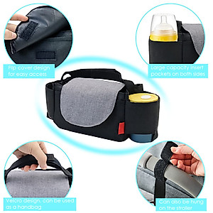 Stroller Organizer Bag, Universal Stroller Organizer, Stroller Storage Bag with Cup Holder, Stroller Caddy with Multiple Pockets for Bottle, Diaper, Toy, Black