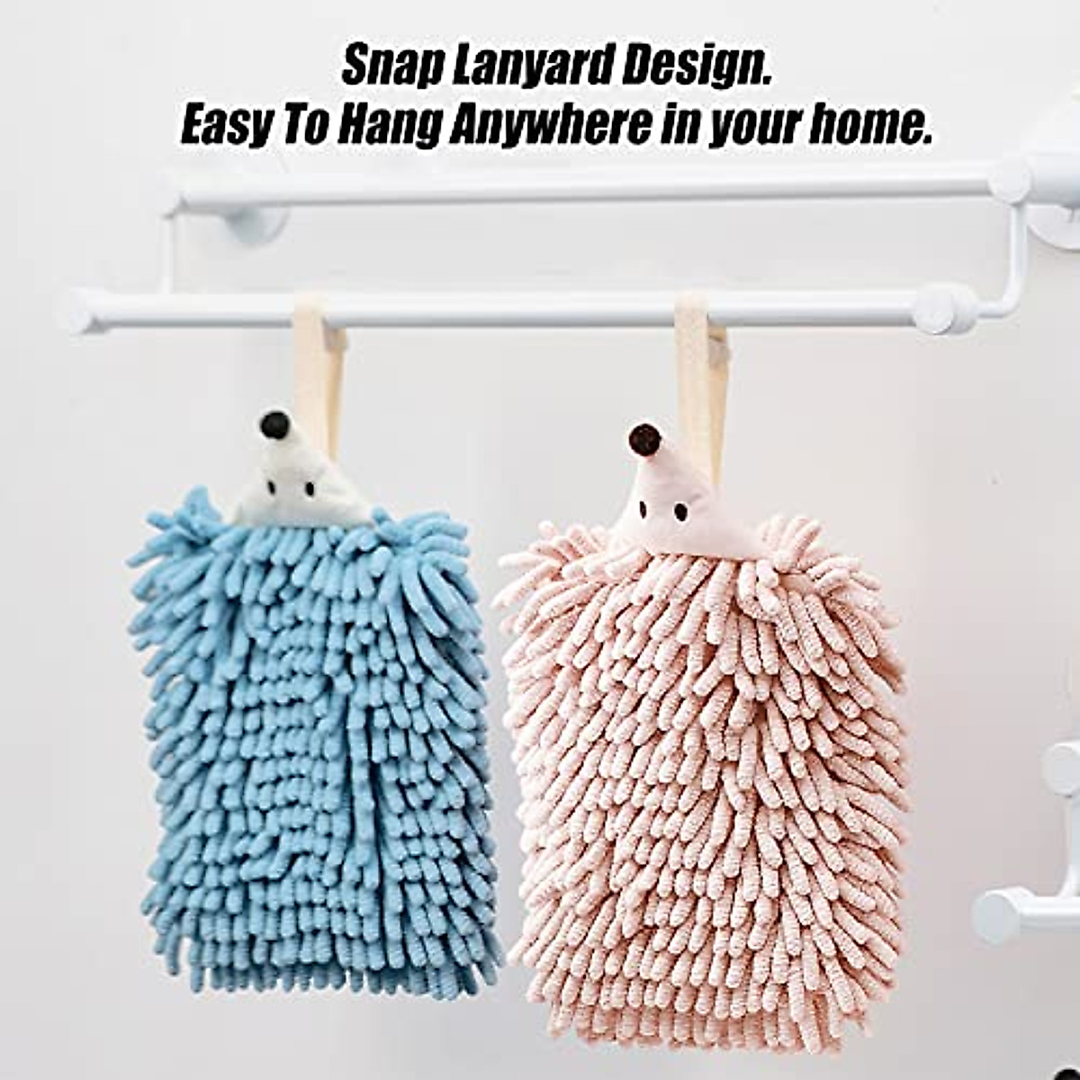 RETON 6PCS Bathroom Hand Towel, Soft Absorbent Quick Drying Chenille Hand Towels, Cute Animal Hanging Hand Towels for Kitchen Powder Room Kids (White+Gray+Pink+Blue, Hedgehog)
