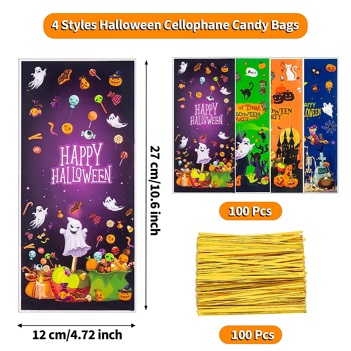 GOMANCHE Halloween Cellophane Candy Bags,100 Pieces Halloween Trick or Treat Bags with 100 Piece Twist Ties for Halloween Party Favor Decrations, 4 Assorted Styles