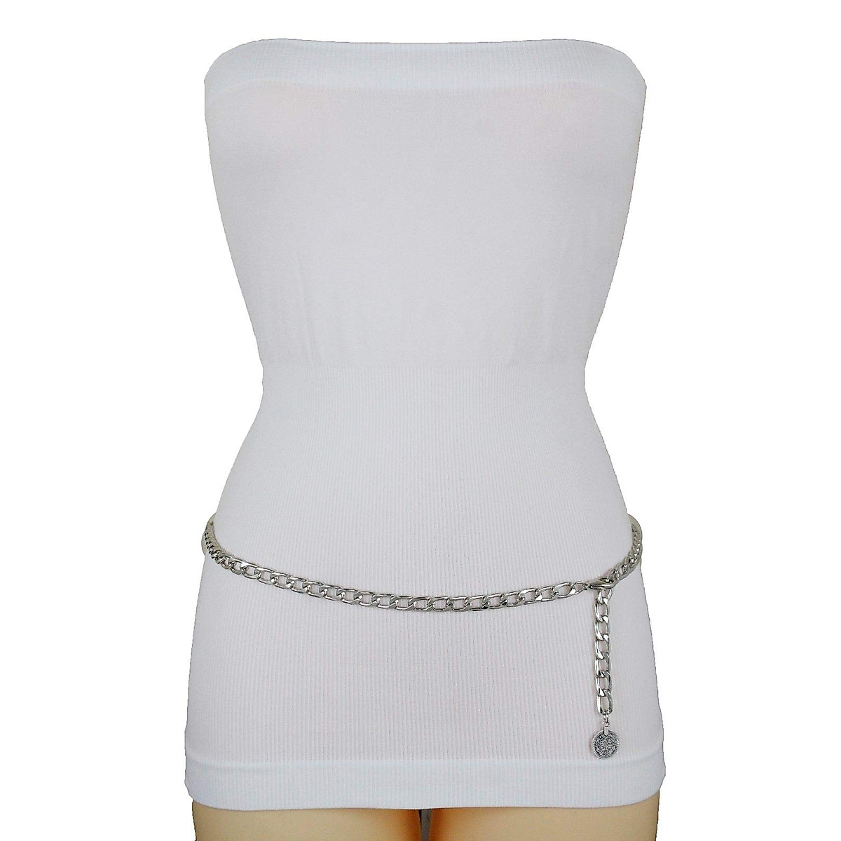 Women Fashion Skinny Belt High Waist Hip Silver Metal Chain Coin Charm Buckle Fit Size XS S M