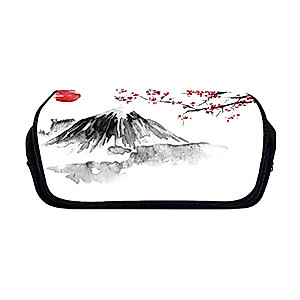 Pencil Case Japanese Mount Fuji Cherry Blossoms Sakura Sunset Asia Ink Painting Large Capacity Bag for Student Office College Travel Adult Girl Boy, Black 4