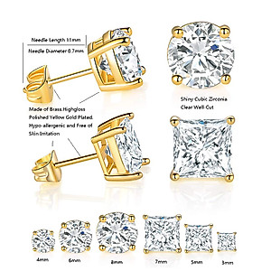DwearBeauty 6 Pairs Gold Plated Cubic Zirconia Earrings Pack，Round Cut and Princess Cut Earrings for Men and Women