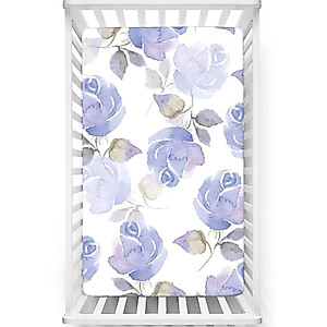 Rose Themed Fitted Mini Crib Sheets,Portable Mini Crib Sheets Soft & Stretchy Fitted Crib Sheet-Crib Mattress Sheet or Toddler Bed Sheet,24“ x38“,Blue White