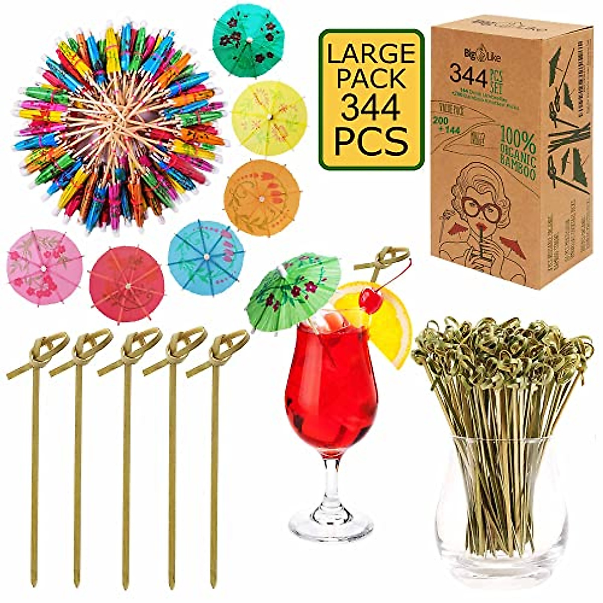 344 Pcs Set - 144 Drink Umbrellas and 200 Bamboo Knot Picks 6" - Appetizer skewers, Cocktail Umbrellas for Drinks, Toothpicks for Appetizers, Tiki Drink Umbrellas, Cocktail Picks