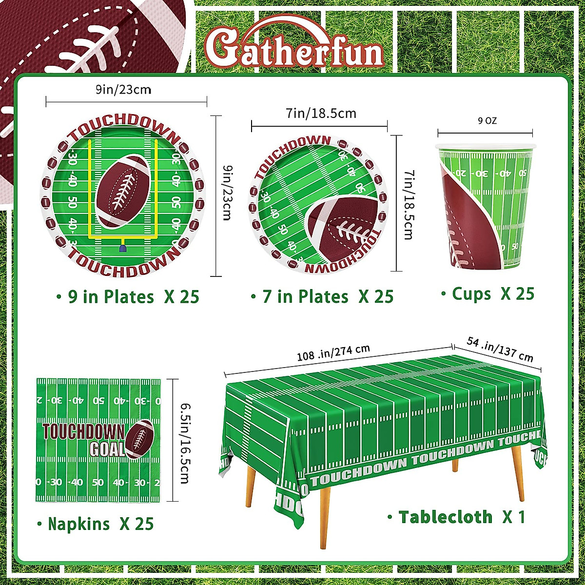 Football Party Supplies Kit - Serve 25, Includes Dinner & Dessert Plates, Napkins, Cups, Tablecloth - Perfect for Football Birthday & Gameday Tailgate Parties