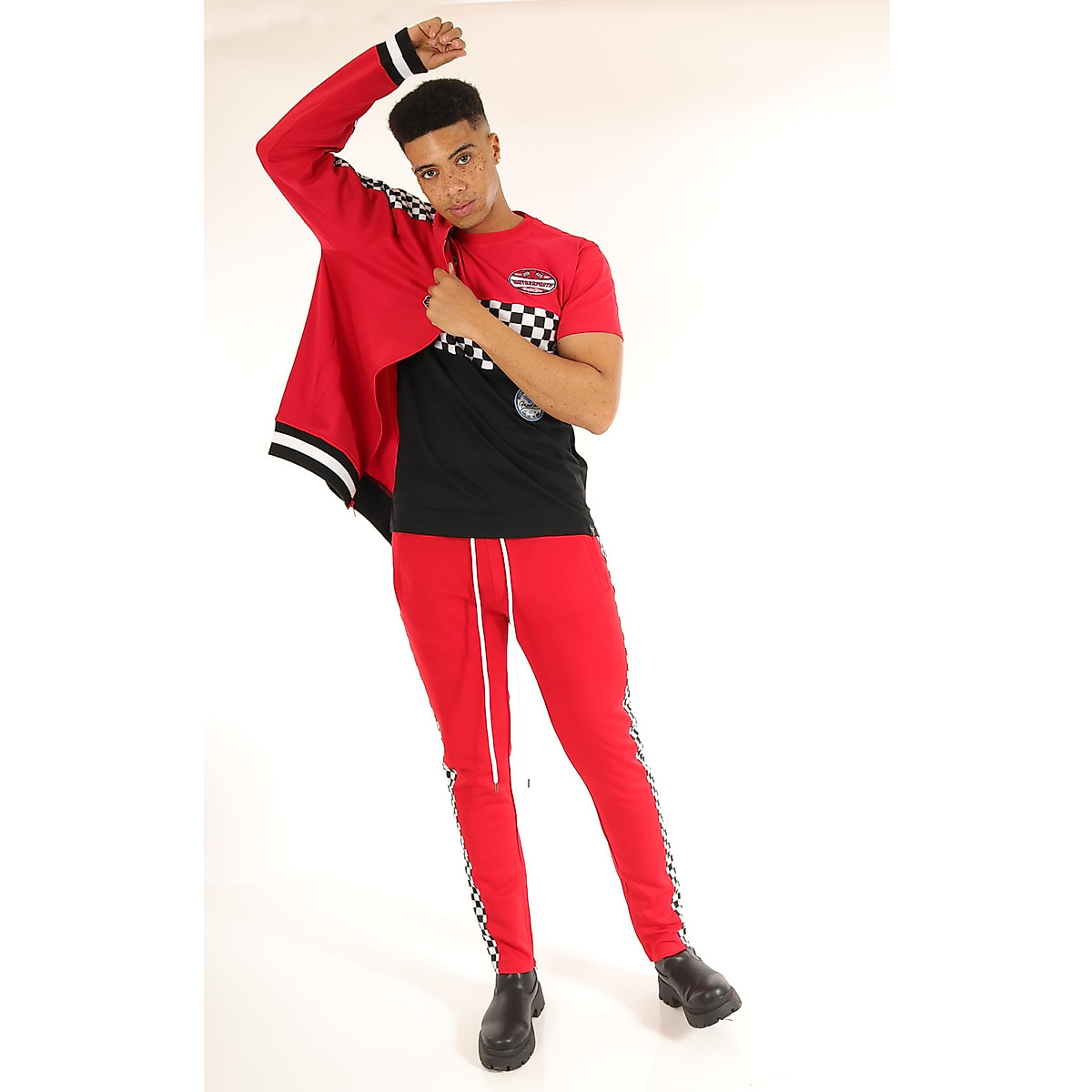 SCREENSHOT-F11854 Mens Urban Hip Hop Premium Track Jacket - Slim Fit Checker Taped Block Fashion Top-Red-Large