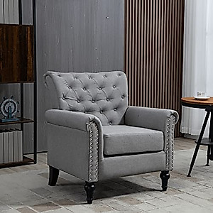 JOYBASE Mid-Century Modern Accent chair Armchair, Upholstered Club Reading Chair with Nailheads and Wood Legs Single Sofa Chair for Living Room Bedroom (Light Grey, Linen)