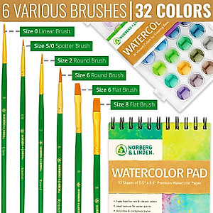 Watercolor Paint set 36 Premium Paints-12 Page pad - 6 Brushes Bundle with 2 Pack Sketch Pad