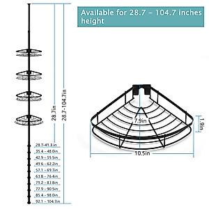 WPT Black Shower Caddy Corner Organizer for Bathroom, Stainless Steel Tension Pole Corner Shelf Shower Caddy Stand for Bathtub Shampoo Storage, 4 Tier Adjustable Shelves, 28.7 to 104.7 Inches