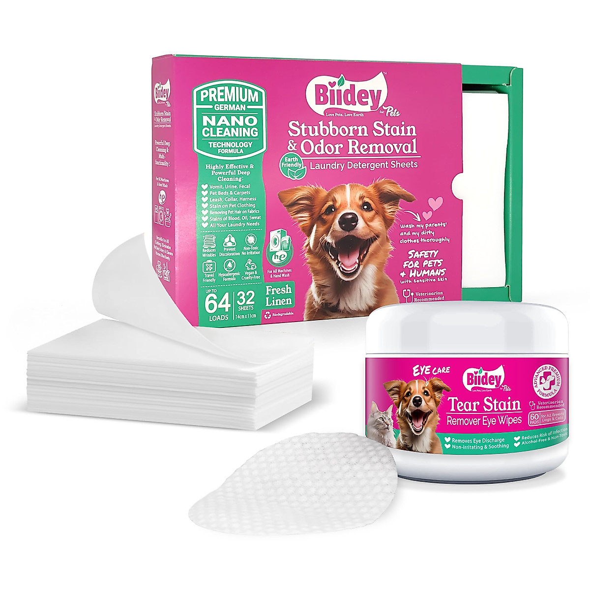 Biidey Pet Odor Stain Laundry Sheets and Eye Care Bundle - Laundry Detergent Sheets, Pet Hair Odor Eliminator Stain Remover, Dog Cat Eye Wash Wipes Tear Stain Remover