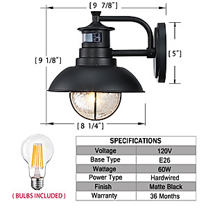 Untrammelife Rustic Outdoor Wall Light Fixture with Dusk to Dawn PIR Motion Sensor 2 Pack Matte Black Outdoor Wall Lantern Lamp with Crackle Glass Shade for Porch Barn Front Door, Bulbs Included