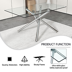 Ball & Cast 71" Modern Glass Dining Table with Rectangular Tempered Tabletop,Dinner Desk W/Silver Chrome Metal Legs,for Home,Kitchen,Dining Room,Office,Silver+Clear