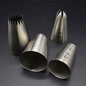 Tumenque 4 Pack Stainless Steel Seamless Piping Icing Tips #9FT 1B 2D 1A, Large Star Piping Nozzle, Cake Decorating Tools for Baker
