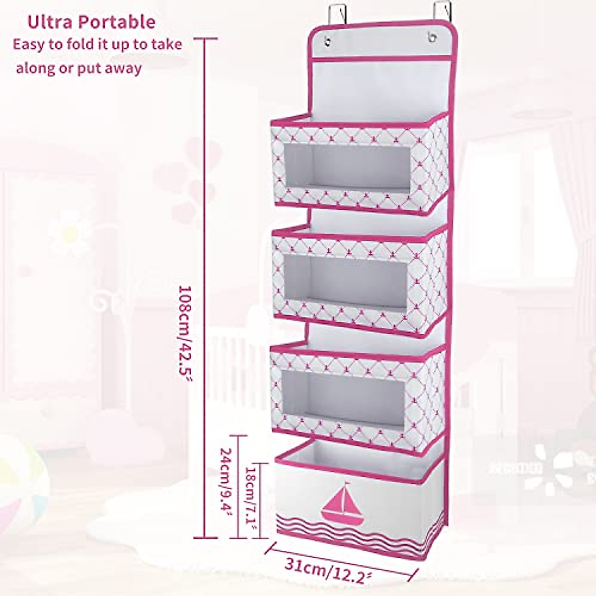 Boczif Over Door Hanging Organizer, Wall Mount Storage with 4 Large Pocket and Mesh Clear Window, Closet Door Organizer for Children's Rooms,Nursery, Bedroom, Kids Toys, Shoes, Diapers(1-Pink)