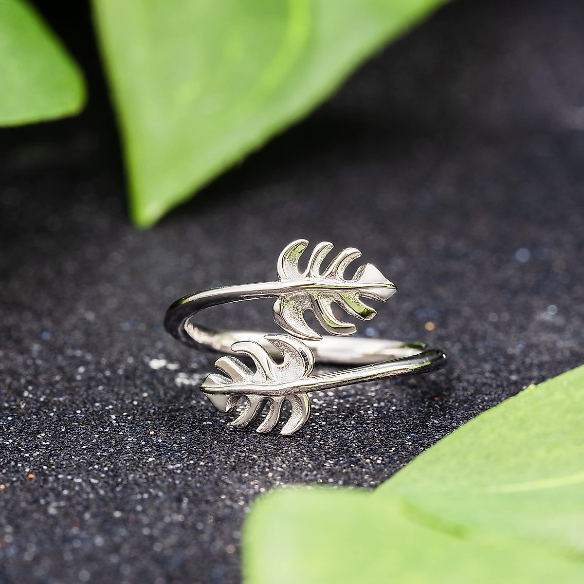 Aloha Jewelry Sterling Silver Two Monstera Leaf Adjustable Easy Resize Wrap Around Bypass Ring Eternity Band (Silver, 7.5 - 13), EMVSSRBPM9