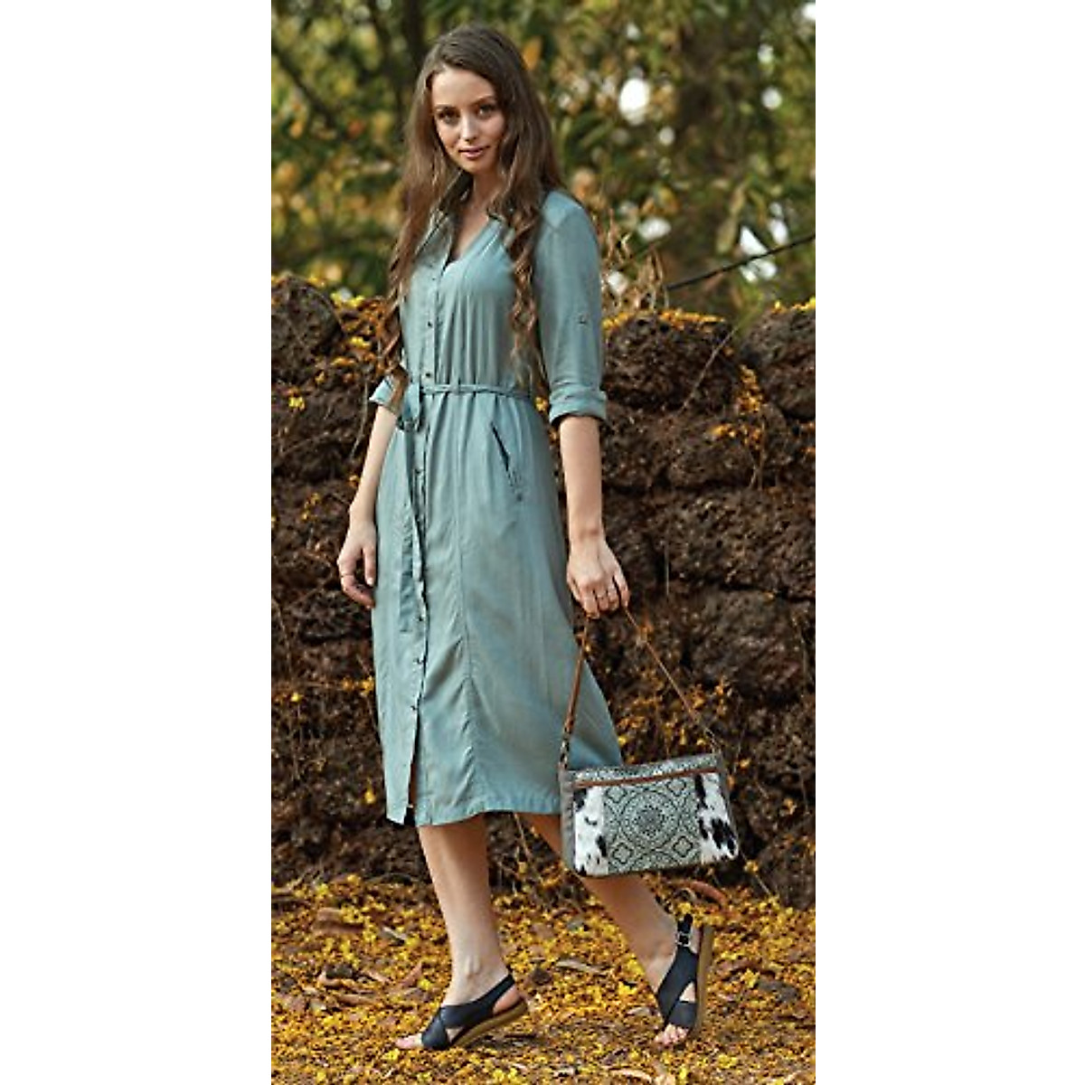 Myra Bag Dual Strap Cowhide & Upcycled Canvas Bag S-1149, Brown, One Size