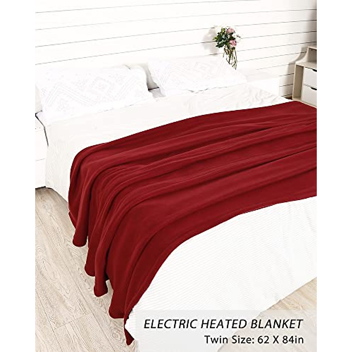 Heated Blanket 62 x 84 Inches Double Sided Soft Fleece Electric Blanket Twin Size Machine Washable Fast Heating with 4 Heating Levels & 10 Hours Auto Off, Home Office Use, Red