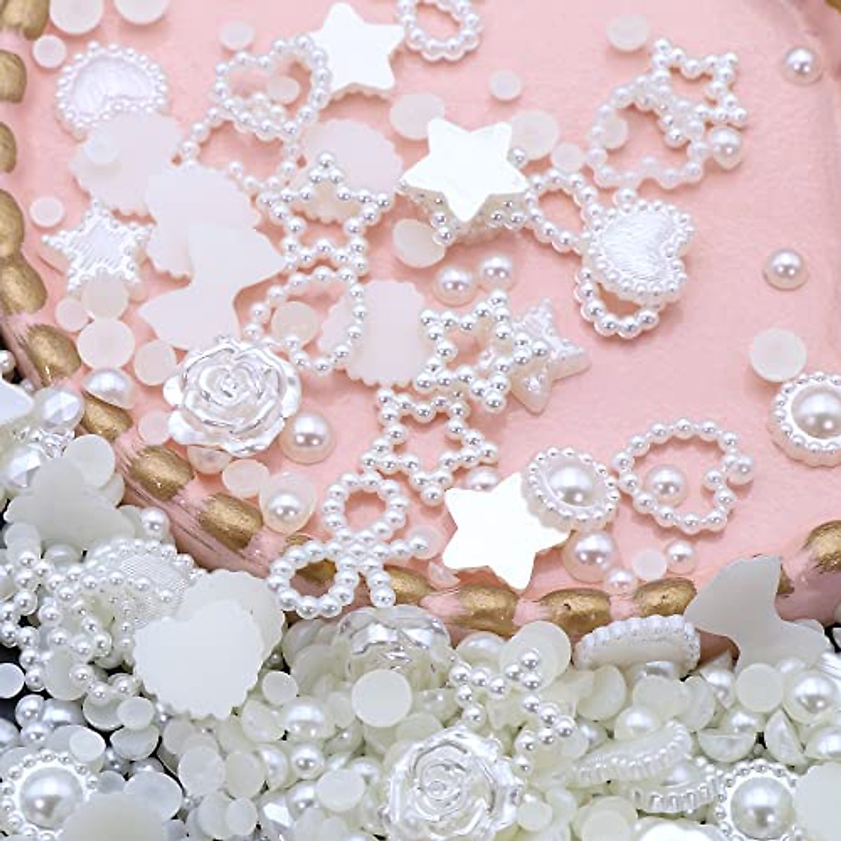 RODAKY 500Pcs Creamy-White Pearls Heart Nail Charms Cute Assorted Flatback 3D Pearls Stars Flowers Bowknots Nail Art Charms Material Embellishments for Nail Art DIY Crafts Accessories
