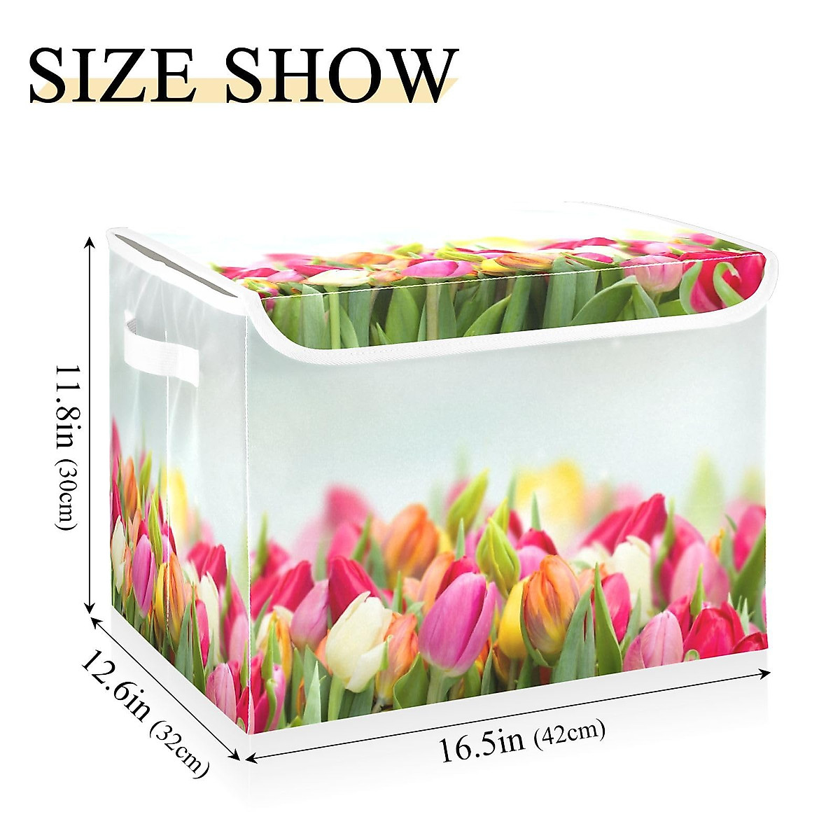 VIGTRO Tulips Flowers Garden Storage Bins with Lids Foldable Storage Boxes with 2 Handles, Summer Decorative Storage Basket Collapsible for Clothes Books