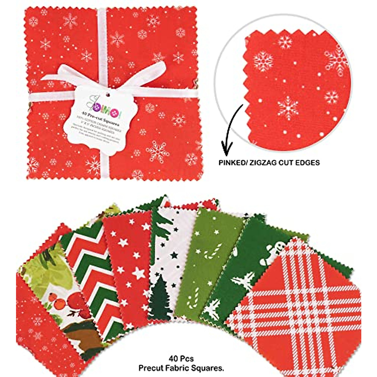Soimoi Christmas Print Precut 5-inch Cotton Fabric Quilting Squares Charm Pack DIY Patchwork Sewing Craft- Red & Green