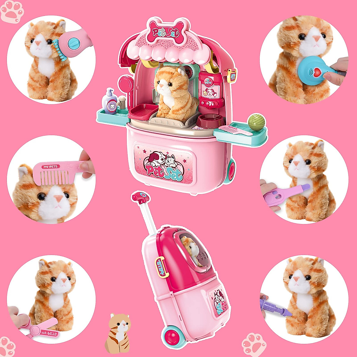 MAGIC4U Pet Cat Care Carrier Suitcase Toy, 29PCS Vet Clinic and Doctor Kit for Kids, Pet Kitty Grooming Feeding Toys, Veterinarian Pretend Play Set, Gifts for Boys and Girls Ages 3-12