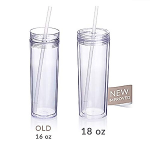 Cupture Skinny Acrylic Tumbler Cups with Straws - 18 oz, 8 Pack (Clear)