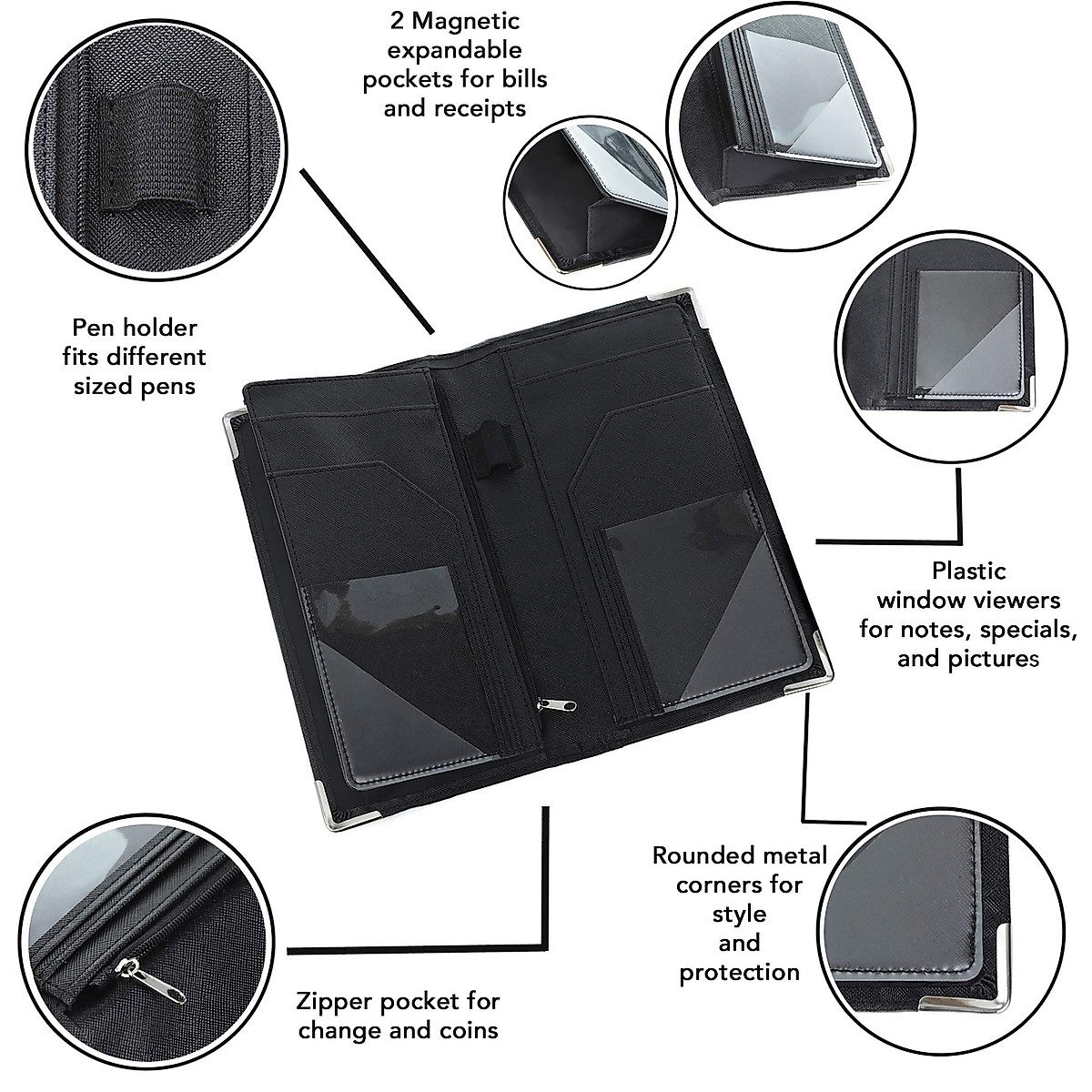 Sonic Server 5x9 11-Pocket Server Book Organizer with Double Magnetic Pockets, Zipper Pouch & Pen Holder for Waitress Waiter Waitstaff | Cross-Textured Black | Fits Apron Holds Guest Checks