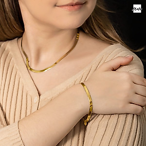 Amberta Women 925 Sterling Silver Flat Snake Bracelet: 4.5 mm Gold Plated Herringbone Bracelet 8 inch