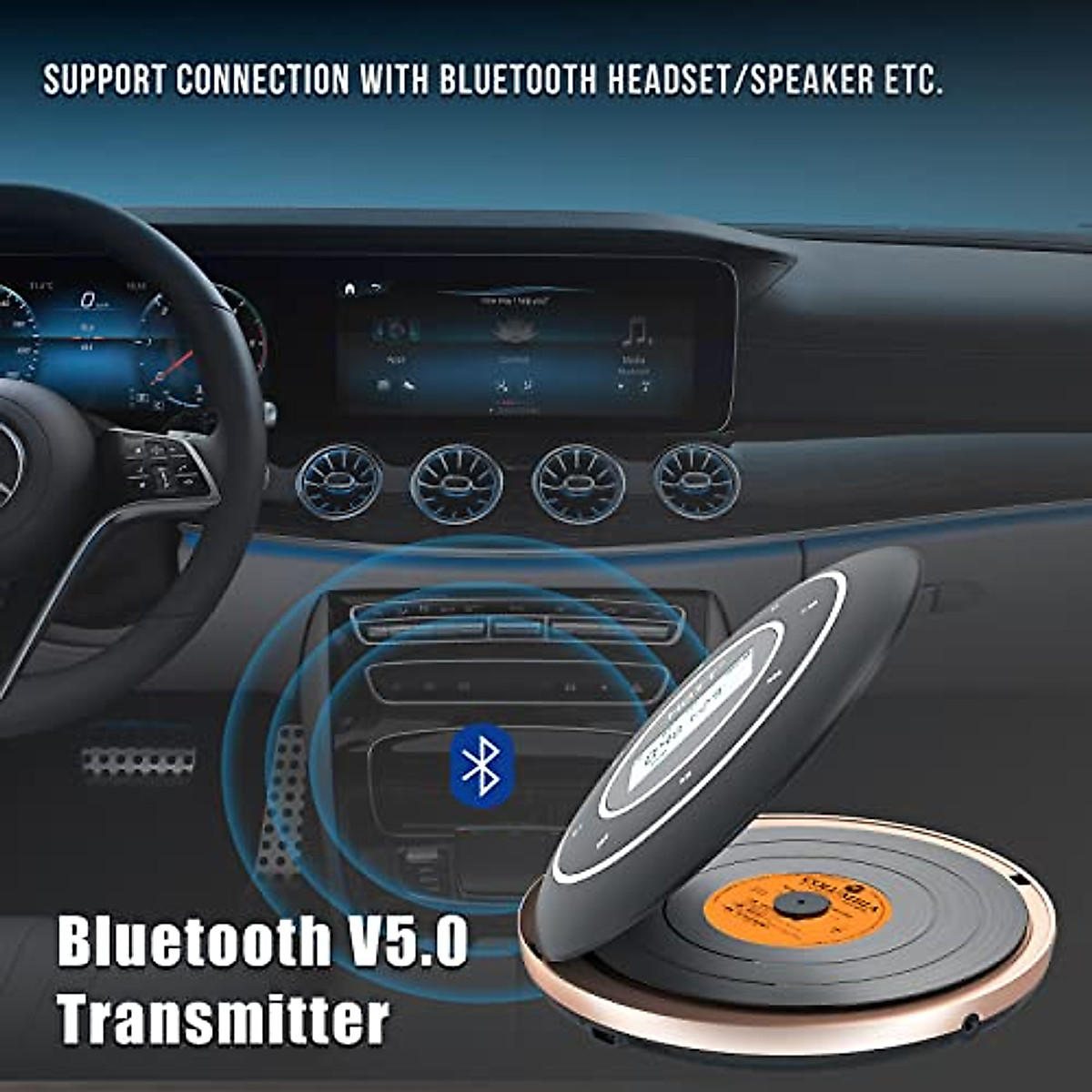 HOTT C105 Portable CD Player with HiFi Bluetooth 5.0 and FM Transmitter,Rechargeable 1800mAh with Touch Vibration Button and 2.1" LCD Screen Aux for Car Audio Radio and Home Wireless Headset Speaker