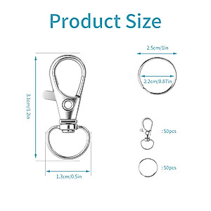 100PCS Keychain Hooks with Key Rings, Metal Swivel Lobster Claw Clasps, for Keychain Clip Lanyard, Jewelry Making, Crafts (Silver)