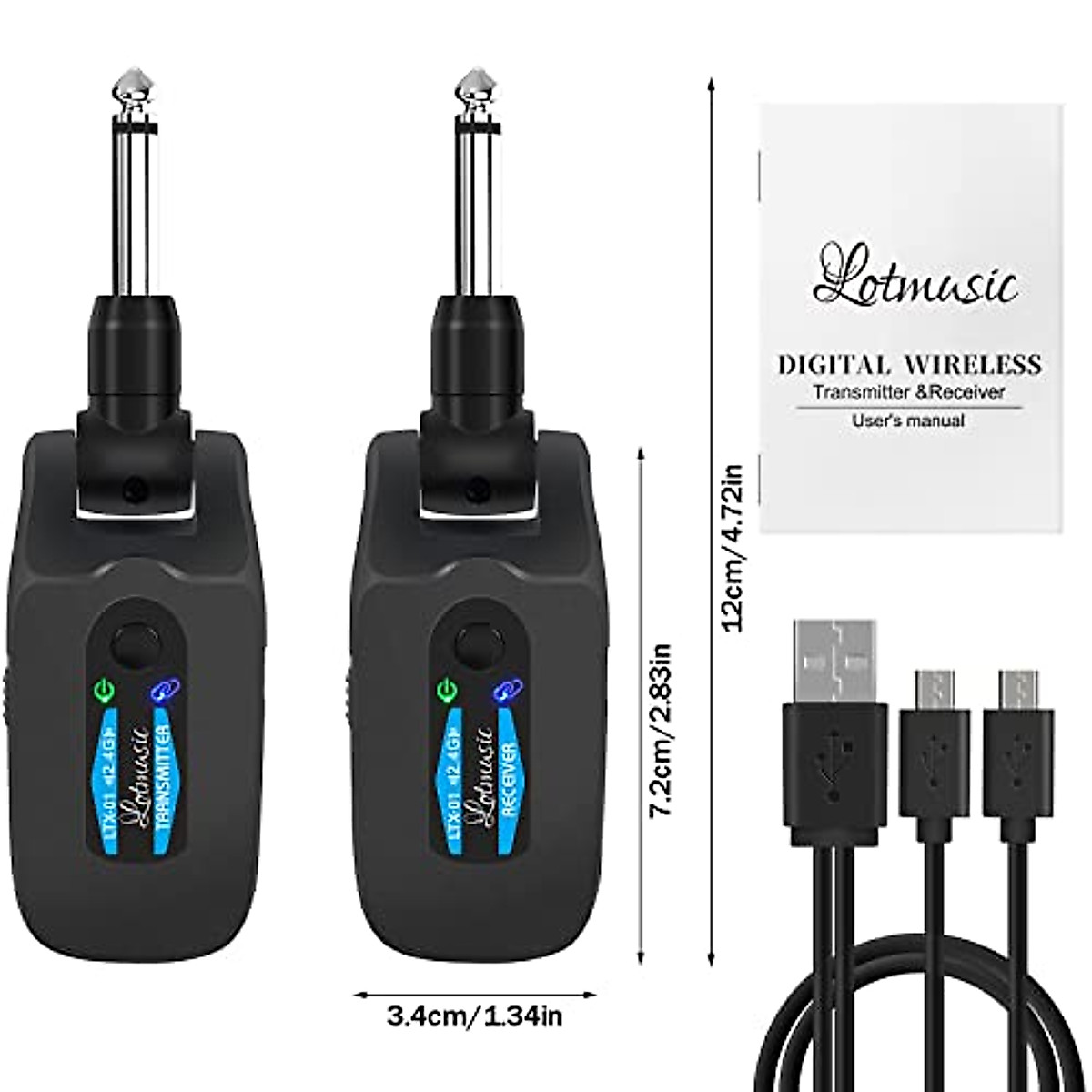 LOTMUSIC 2.4GHZ Wireless Guitar System, Rechargeable Digital Wireless Guitar Transmitter Receiver with 4 Channels and Over 10 Hours Long Battery Endurance for Electric Guitar Bass