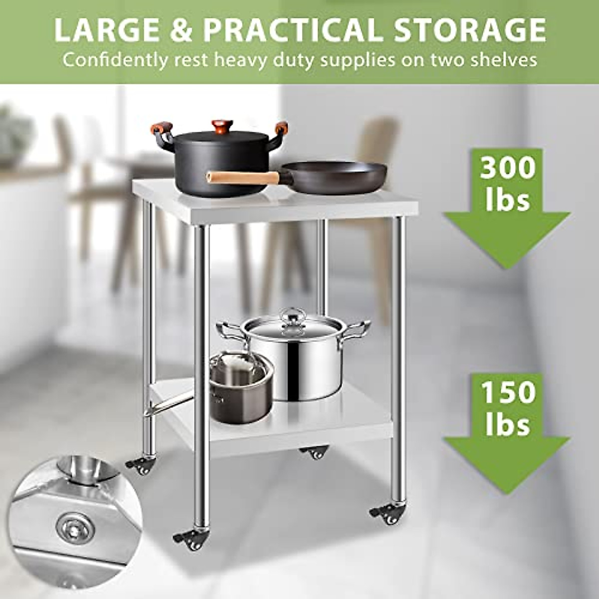 HXCFYP Stainless Steel Table for Prep & Work with Caster 24x24 Inches, NSF Metal Commercial Kitchen Table with Under Shelf and AdjustableTable Foot for Restaurant, Home and Hotel