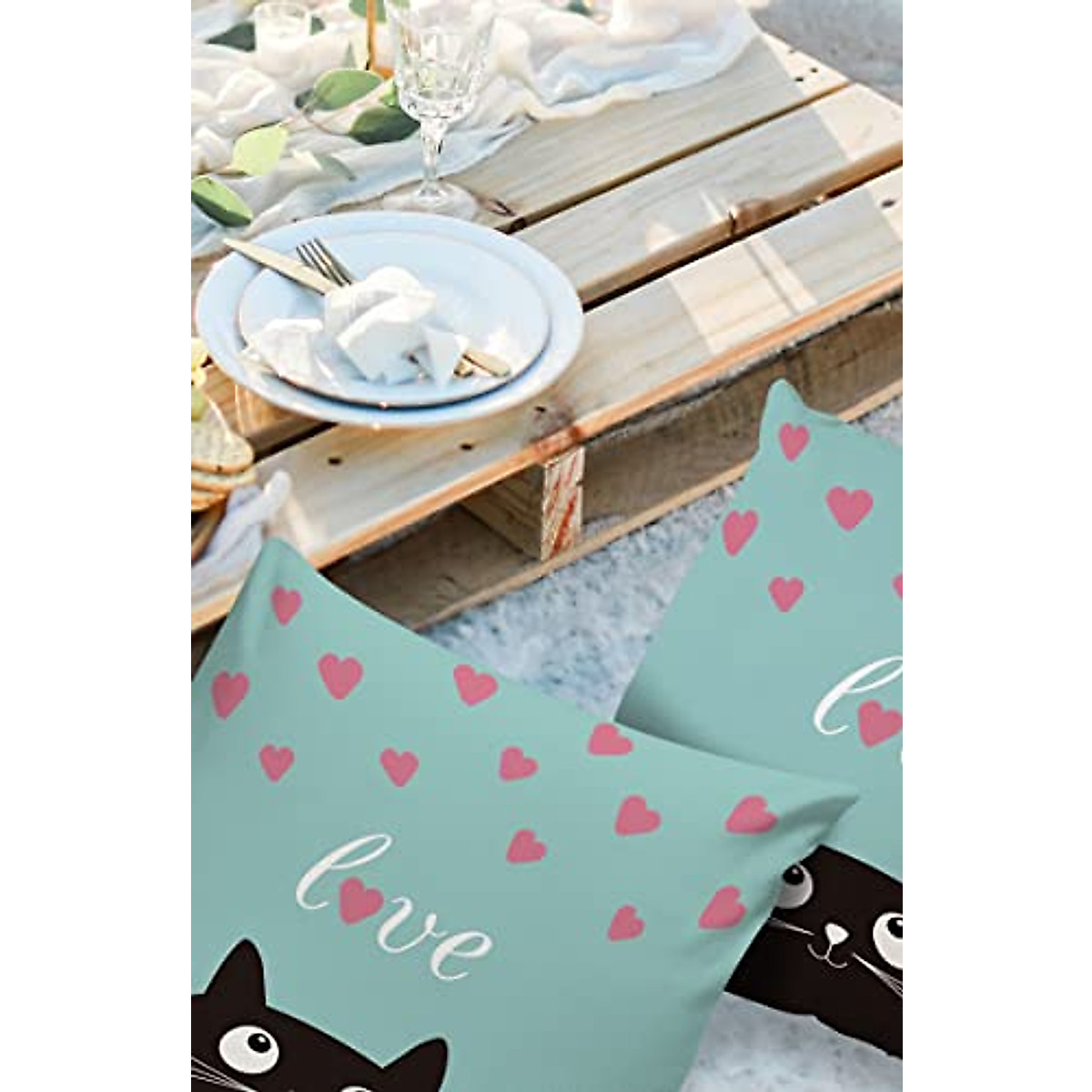 Outdoor Waterproof Pillow Covers for Patio Furniture Lovely Cat and Heart Decorative Throw Pillow Cover Cartoon Heart Design Pattern Pillowcases Set of 2 Cushion Case for Sofa Couch Chair 16x16 in